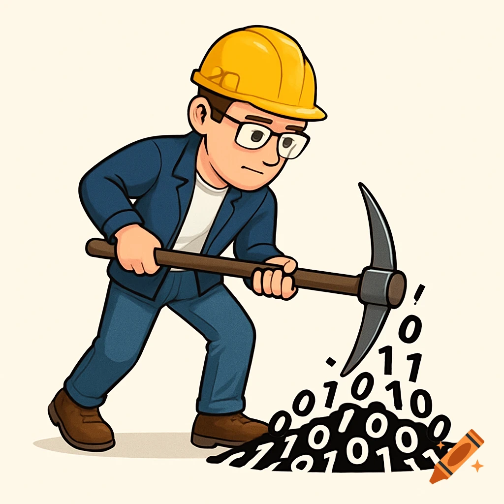 Cartoon person in a hard hat and suit mining a pile of binary digits ...