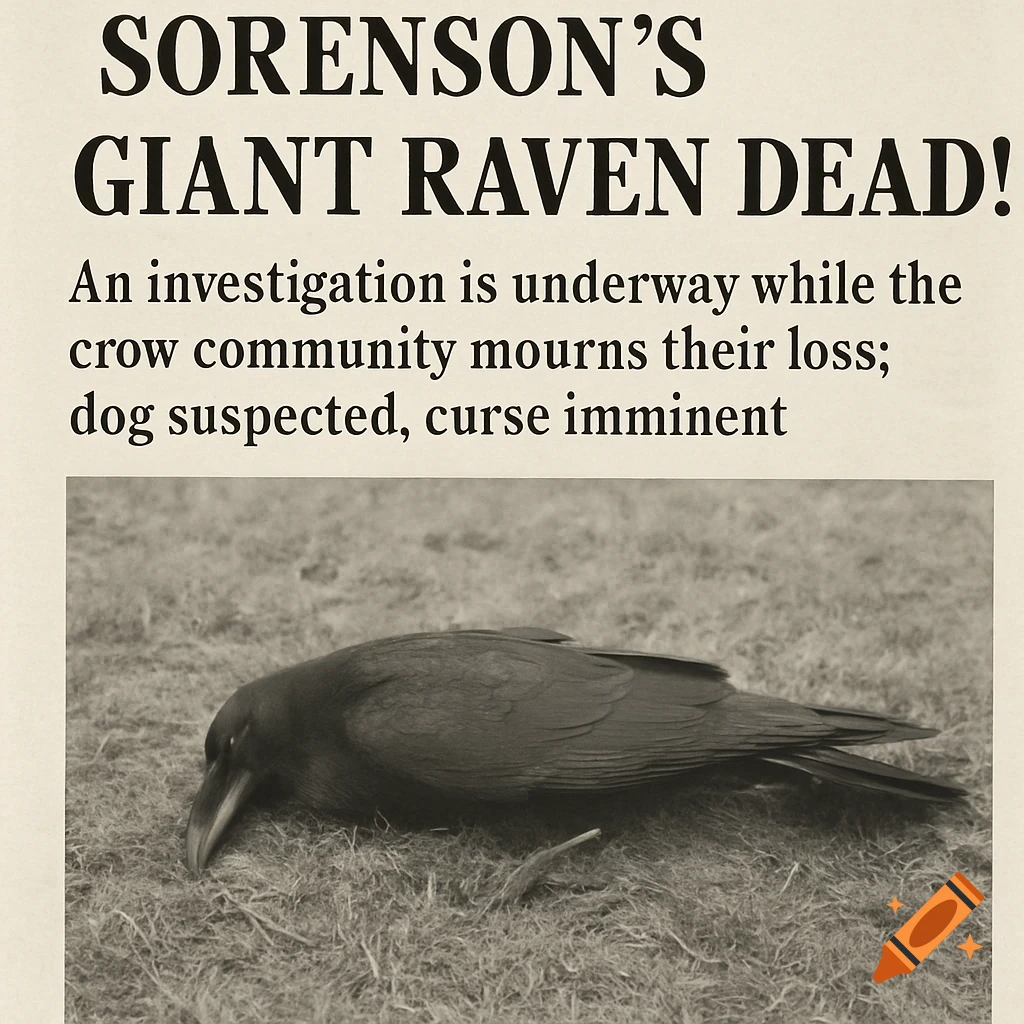 A dead raven lies on the ground under a newspaper headline reading ...
