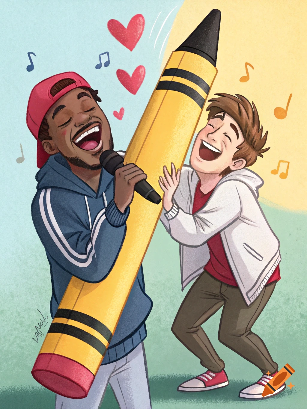 Cartoon illustration of two friends singing with a giant crayon as a ...