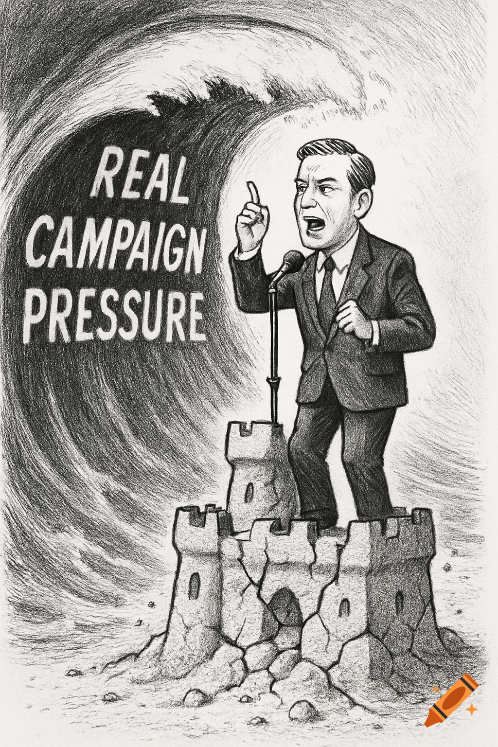 Black and white sketch political cartoon of man giving speech on ...