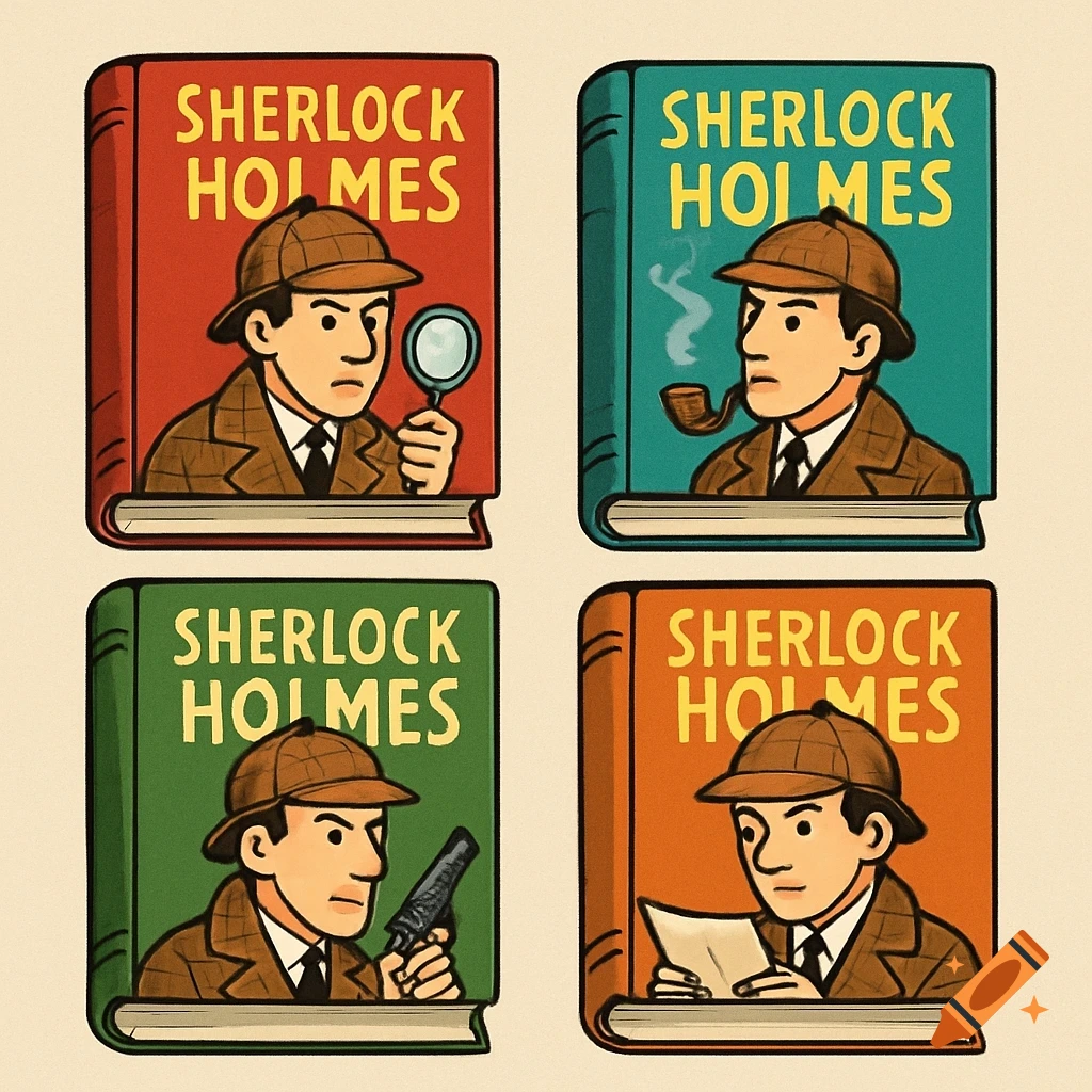 Four cartoon book covers showing Sherlock Holmes in different poses. on ...