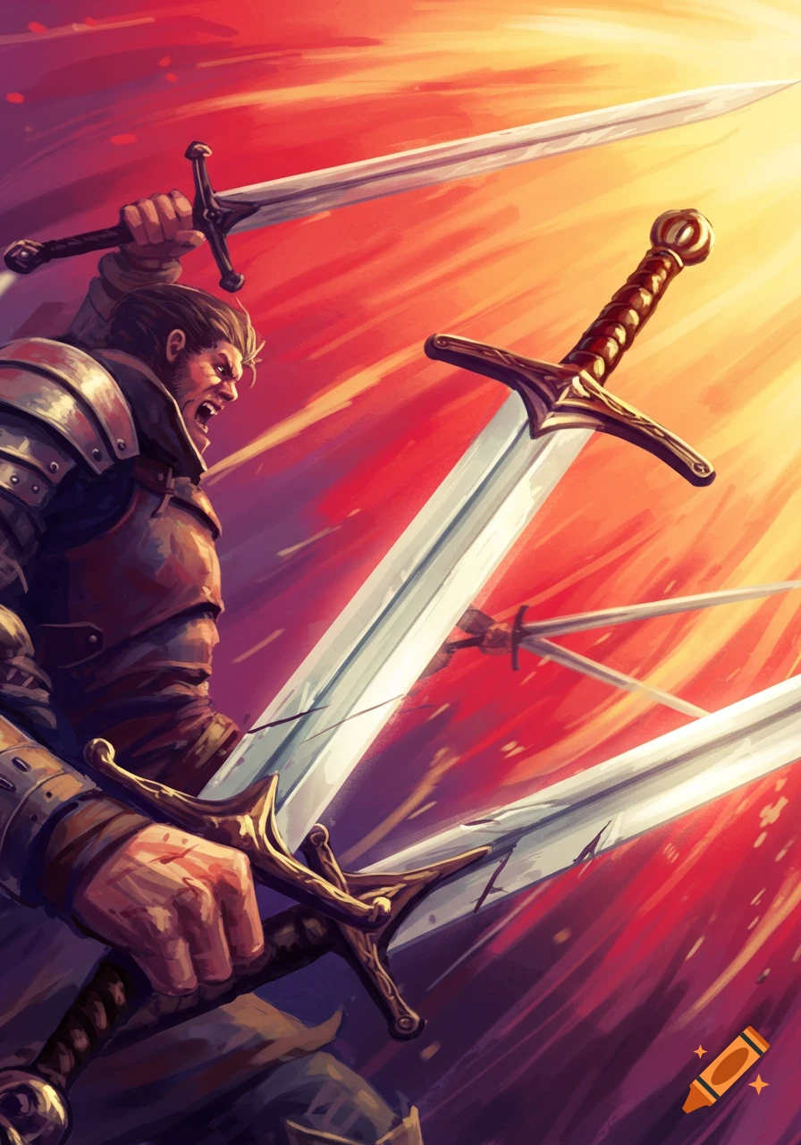 A man in armor fights with multiple swords against a dynamic, fiery ...