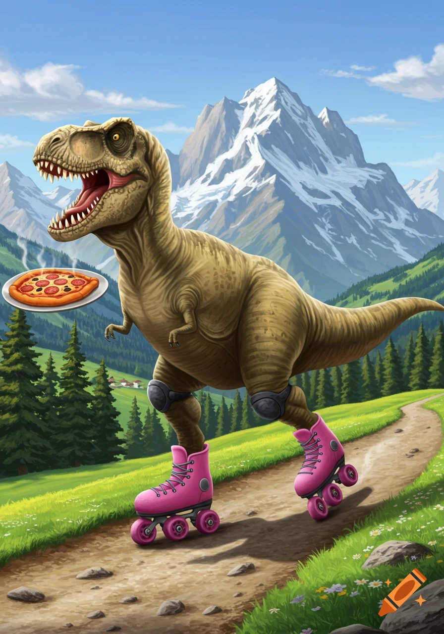 An illustration of a T-Rex on roller skates holding a pizza on a plate ...