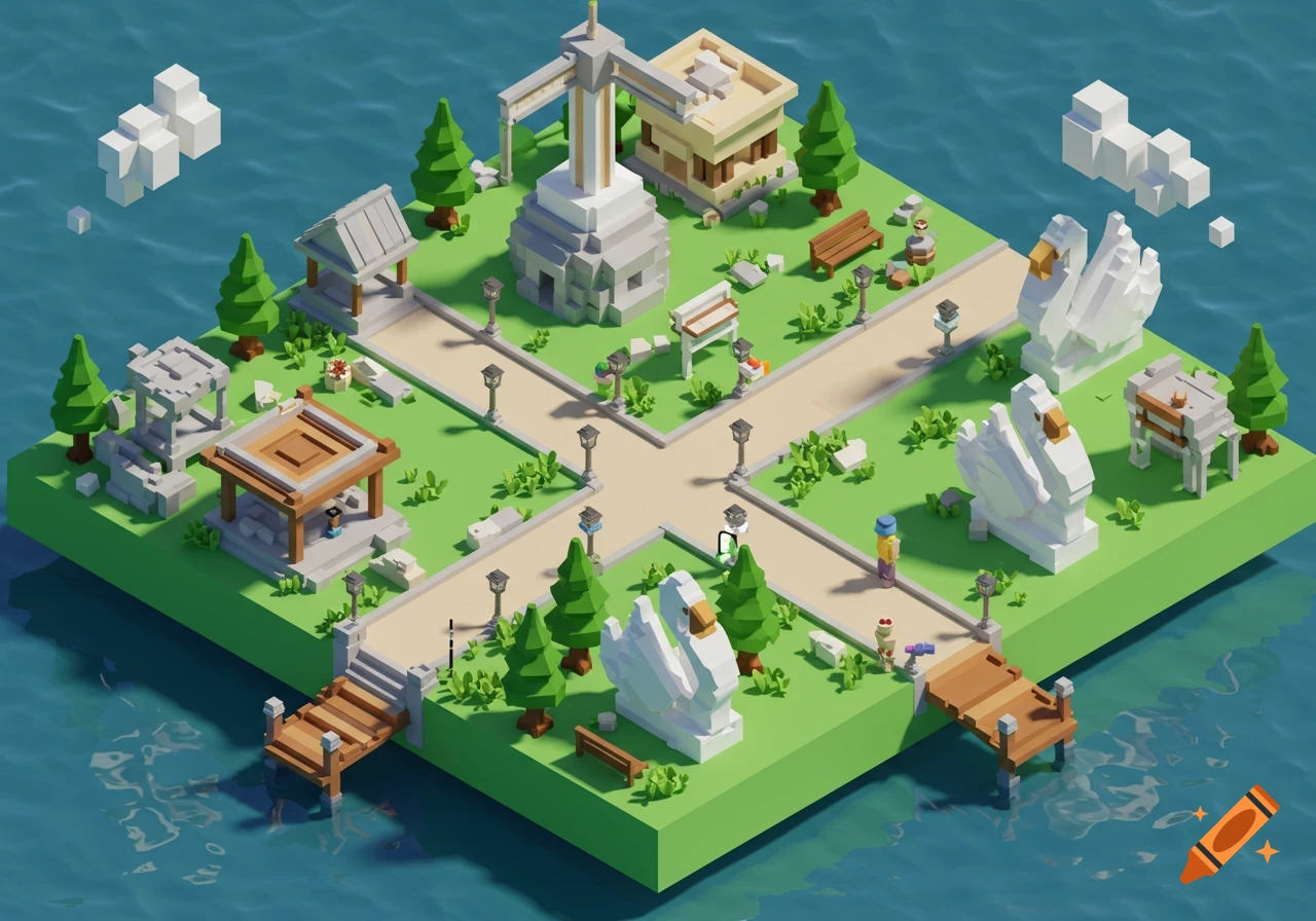 Isometric voxel art of a park area with buildings, paths, trees, water ...