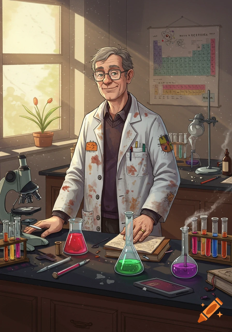Illustration of a smiling science technician in a lab coat standing in ...