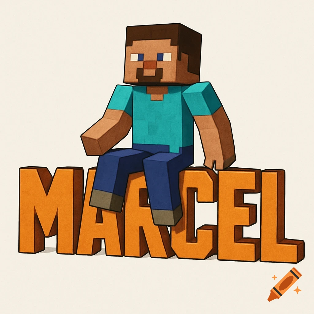 Steve from Minecraft sits on large orange letters spelling MARCEL. on ...