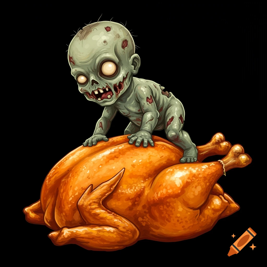 Illustration of a creepy baby zombie on a roasted turkey on Craiyon