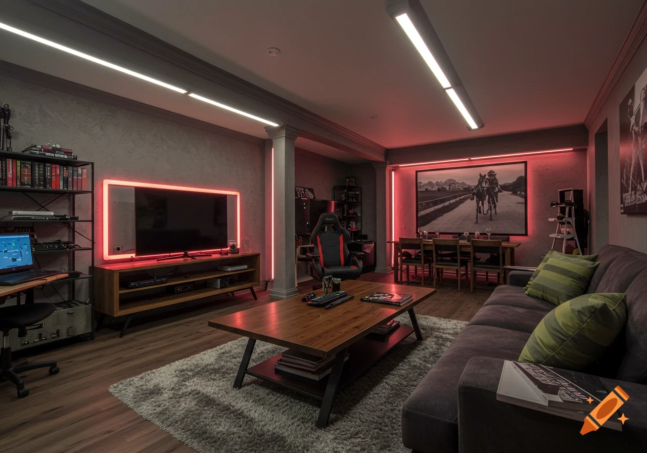 A modern basement room setup as a gaming area and living space with red ...
