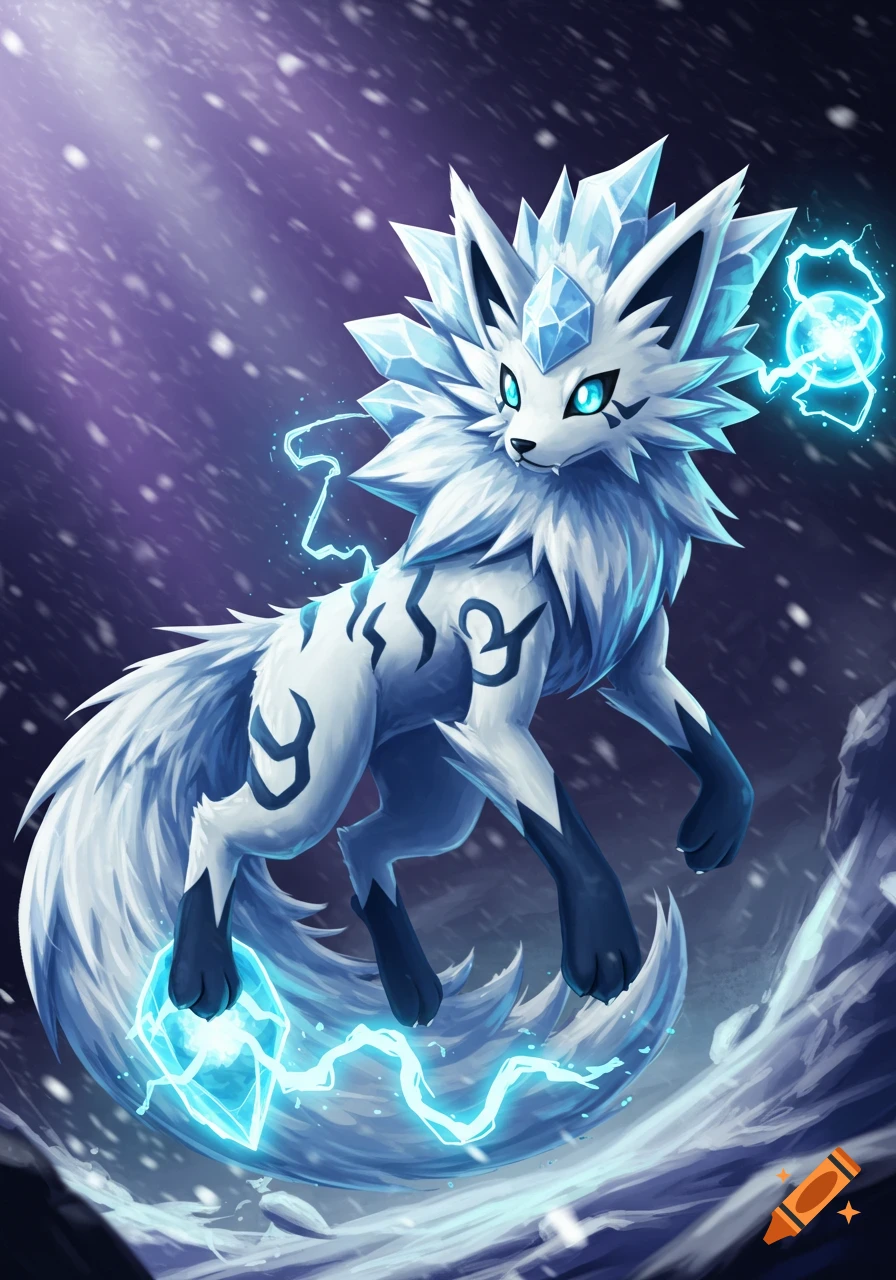 White crystalline fox creature with blue lightning and ice elements in ...