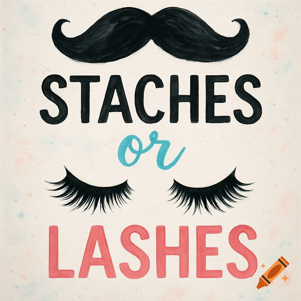 Watercolor illustration with a mustache above eyelashes and the text ...