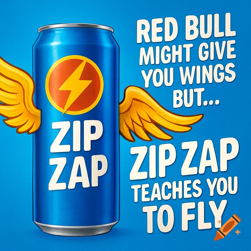 A blue energy drink can with yellow wings and a lightning bolt logo ...