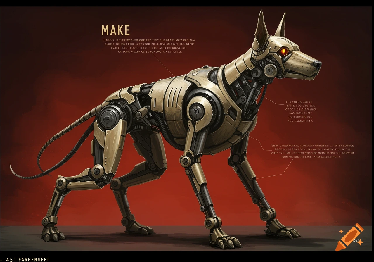 A detailed illustration of a golden and grey mechanical hound robot with glowing red eyes ...