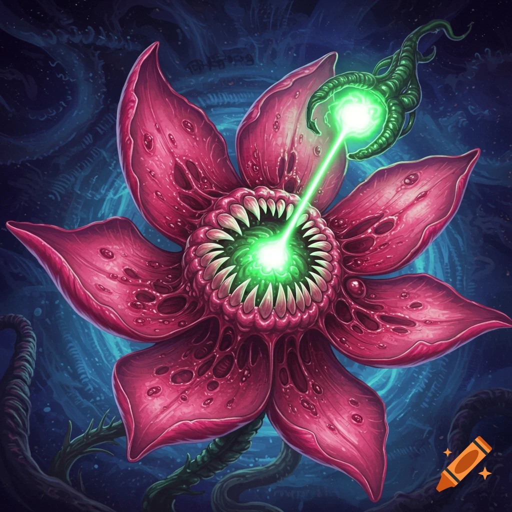 A pink fleshy monster flower with teeth shoots a green laser beam. on ...