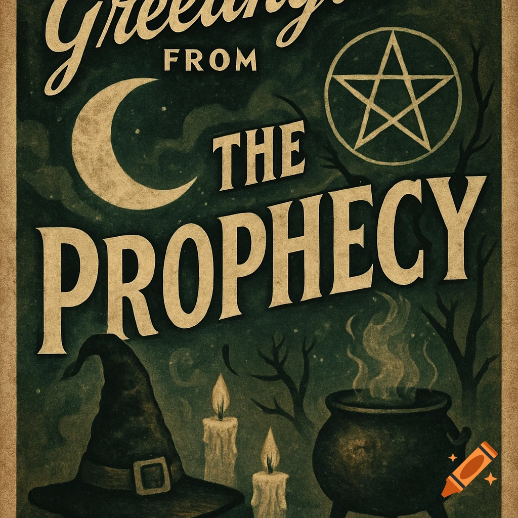 Vintage postcard with 'Greetings from The Prophecy' text, crescent moon ...