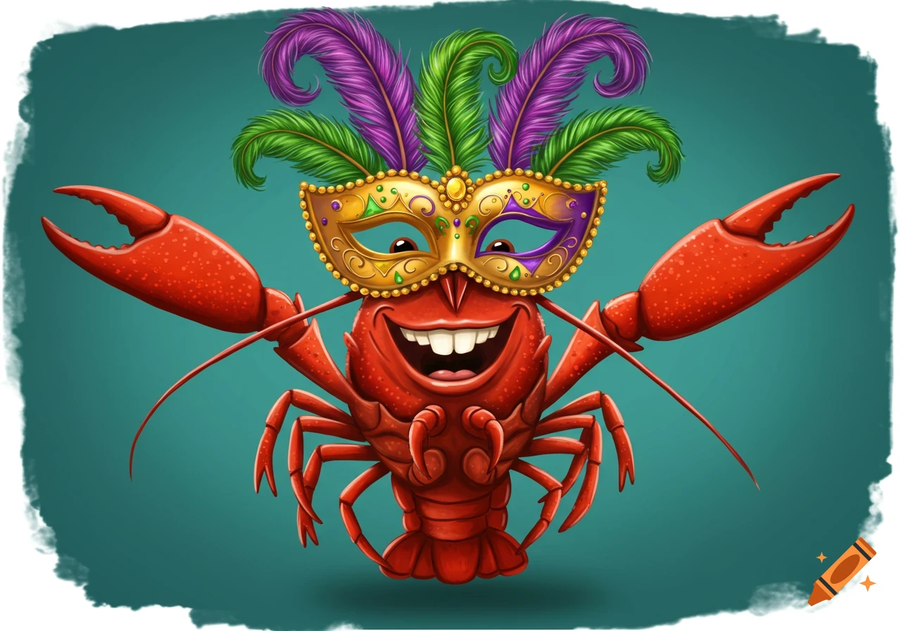 Cartoon crawfish wearing a Mardi Gras mask with purple and green ...