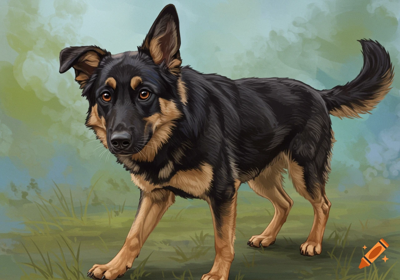 Digital painting of a black and tan German Shepherd mix dog standing in ...