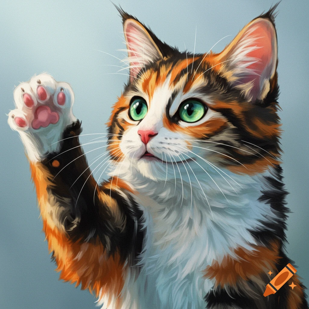 Close-up illustration of a calico cat raising its paw on Craiyon
