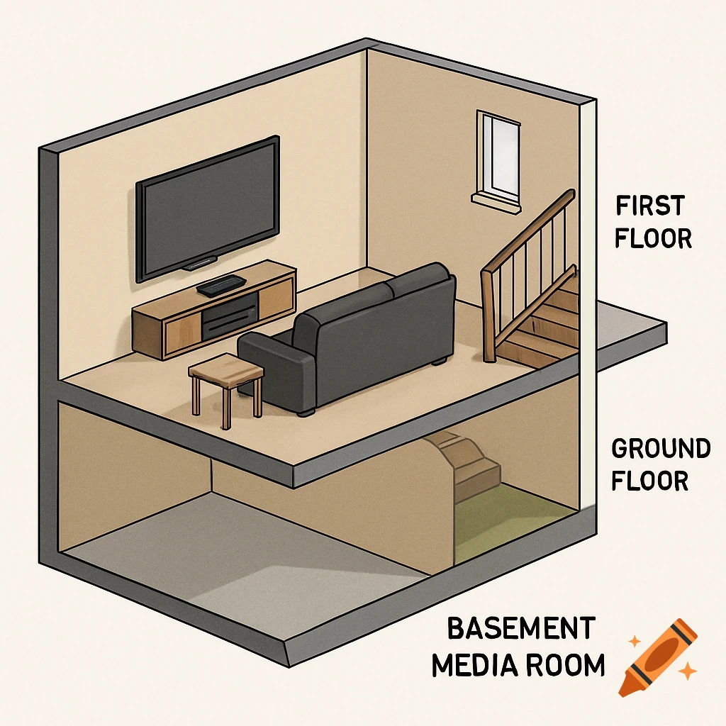 Isometric drawing showing a cutaway view of a house with a living room ...