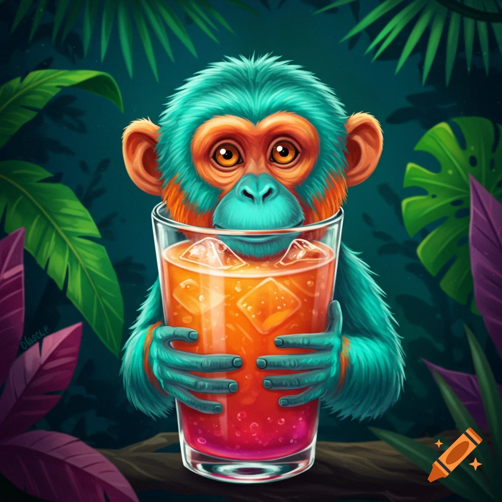 Vibrant illustration of a cute blue monkey holding a cocktail with ice ...