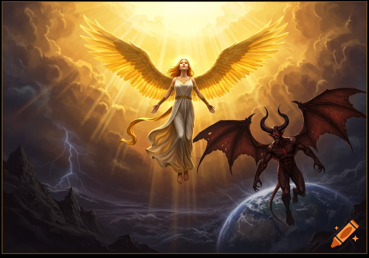 Angel rising in golden clouds, demon descending towards Earth below ...