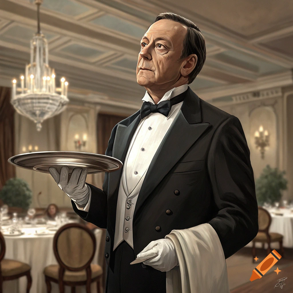 A man dressed as a butler holds a silver tray in a formal dining room ...