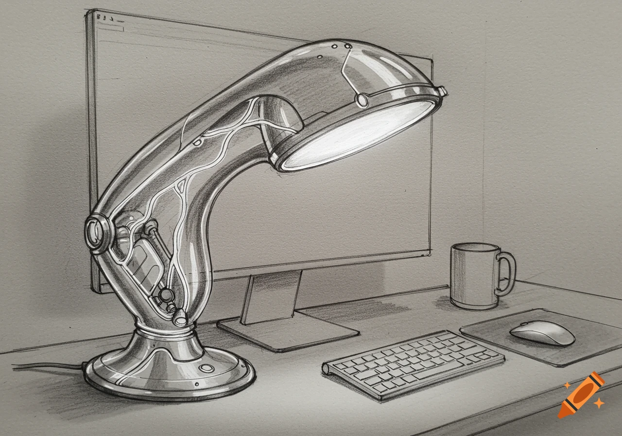 Pencil sketch of a futuristic lamp on a desk with a monitor, keyboard, mouse, and mug. on Craiyon