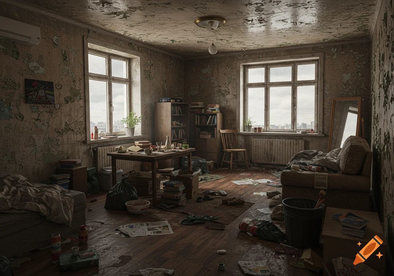 A messy, cluttered studio apartment with peeling paint and two windows ...