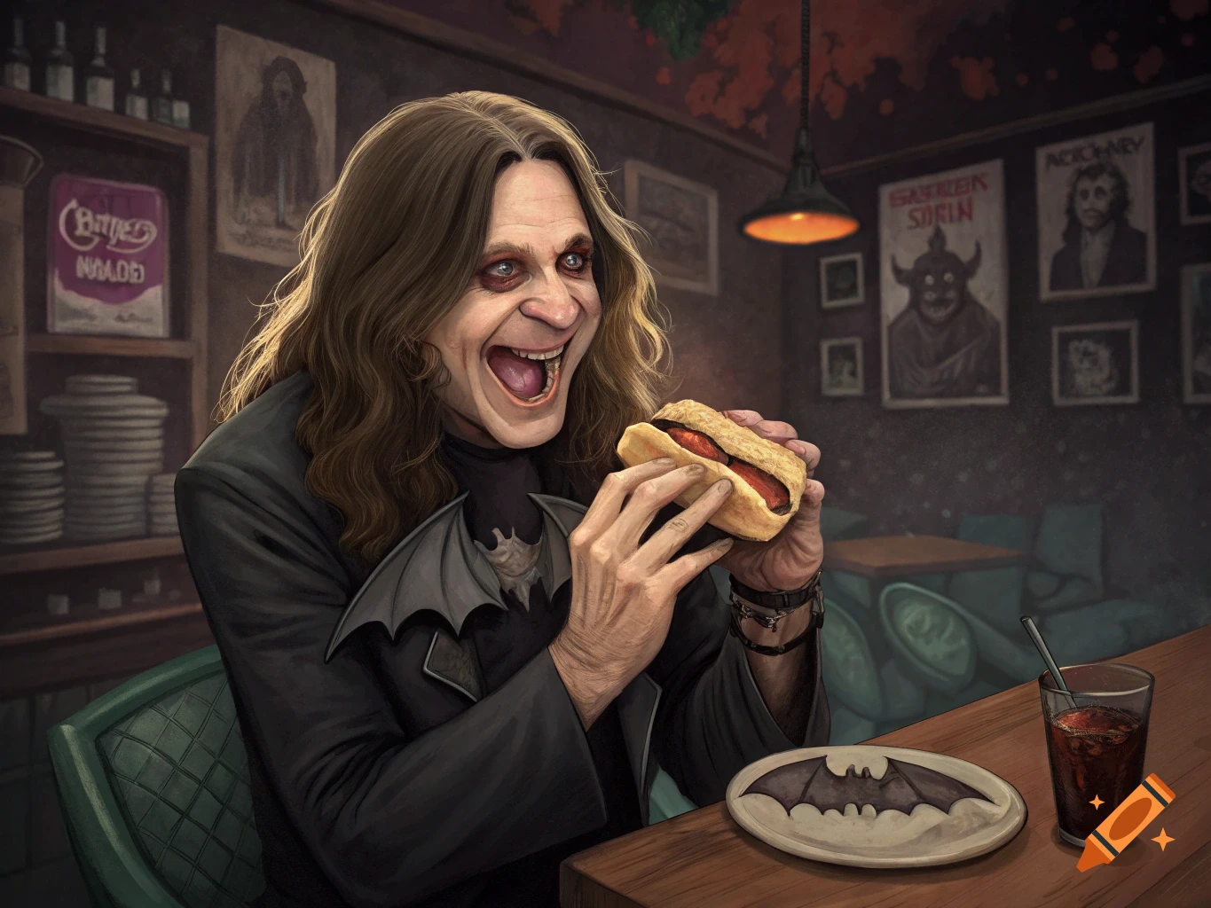 Caricature of figure like Ozzy Osbourne eating a bat sandwich in a bar ...