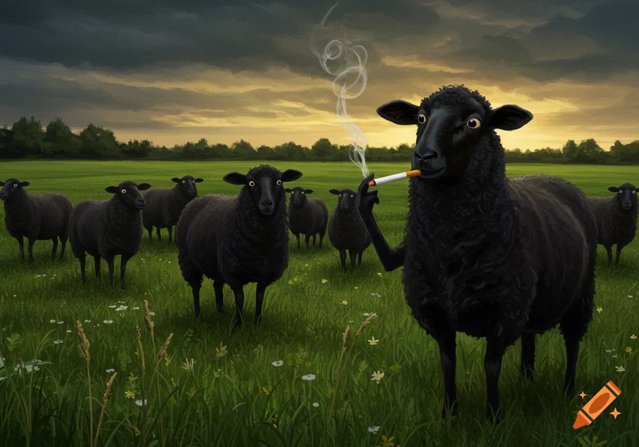 Painting of a black sheep smoking a cigarette in a field among other ...