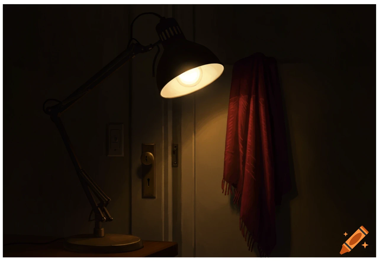 A desk lamp illuminates a dark room with a red scarf draped over it ...