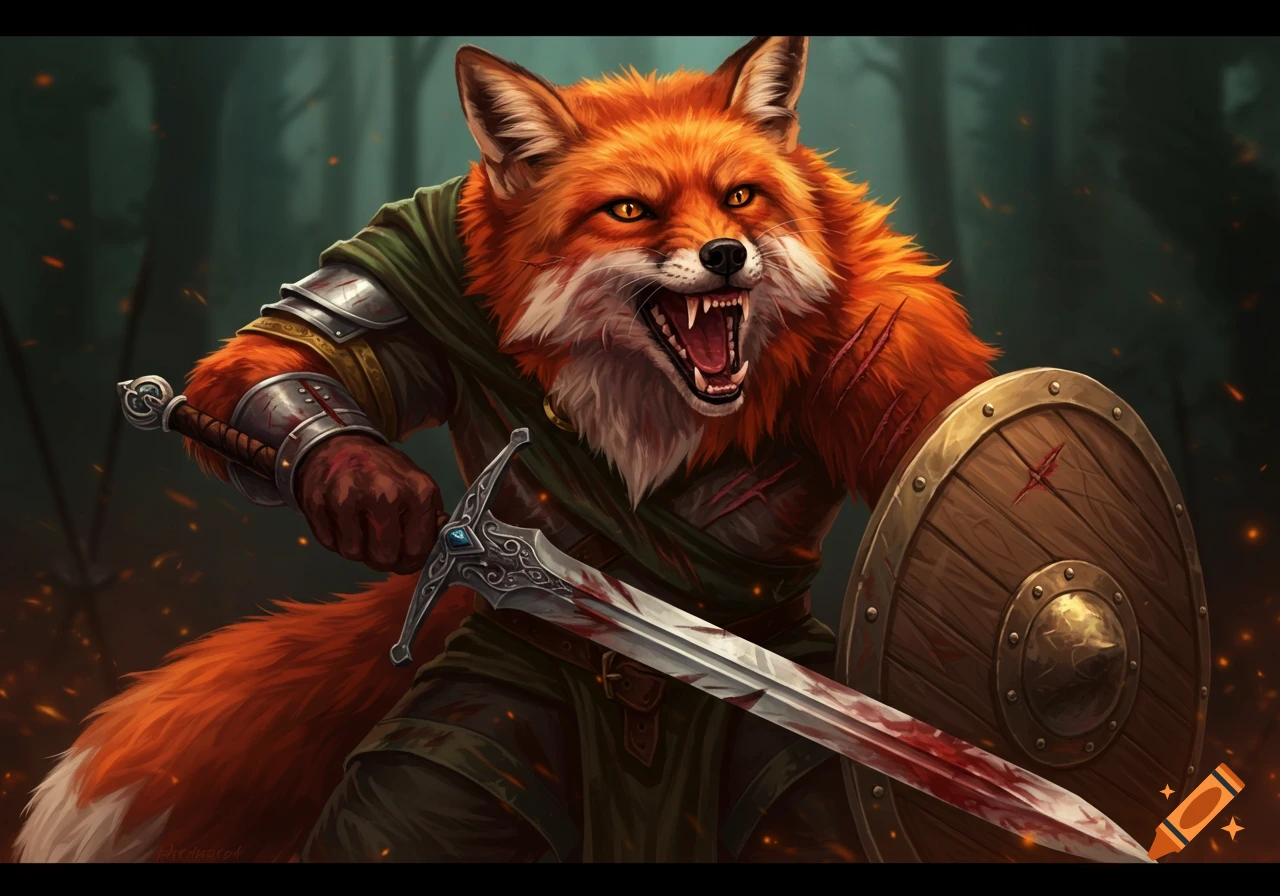 Anthropomorphic fox warrior with sword and shield covered in scratches ...