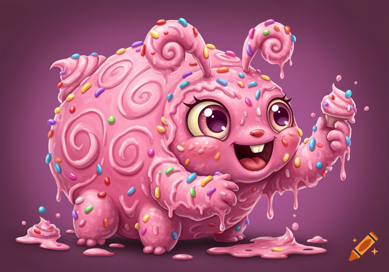 A cute pink frosting creature covered in sprinkles holds an ice cream ...