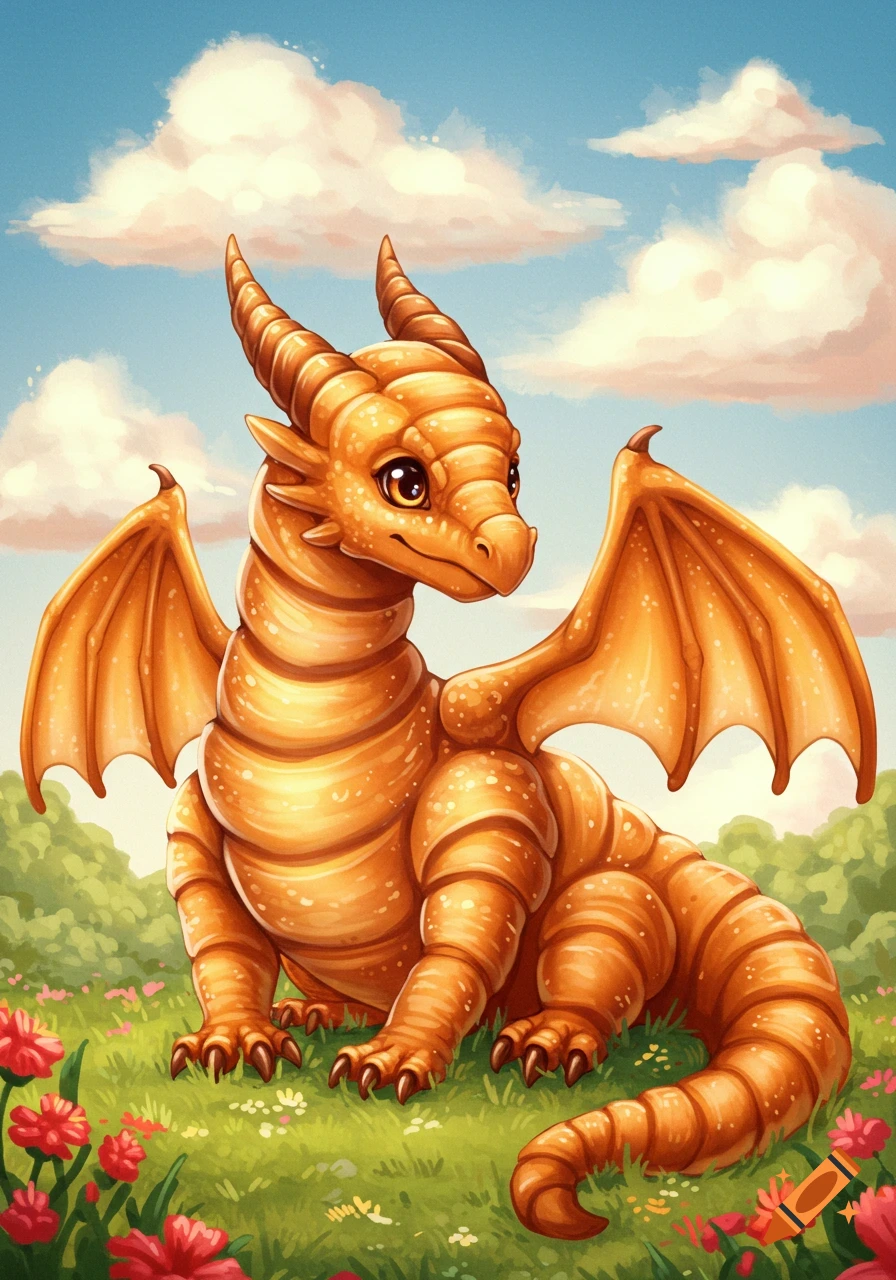 A cute croissant dragon sits in a field of grass and flowers under a ...