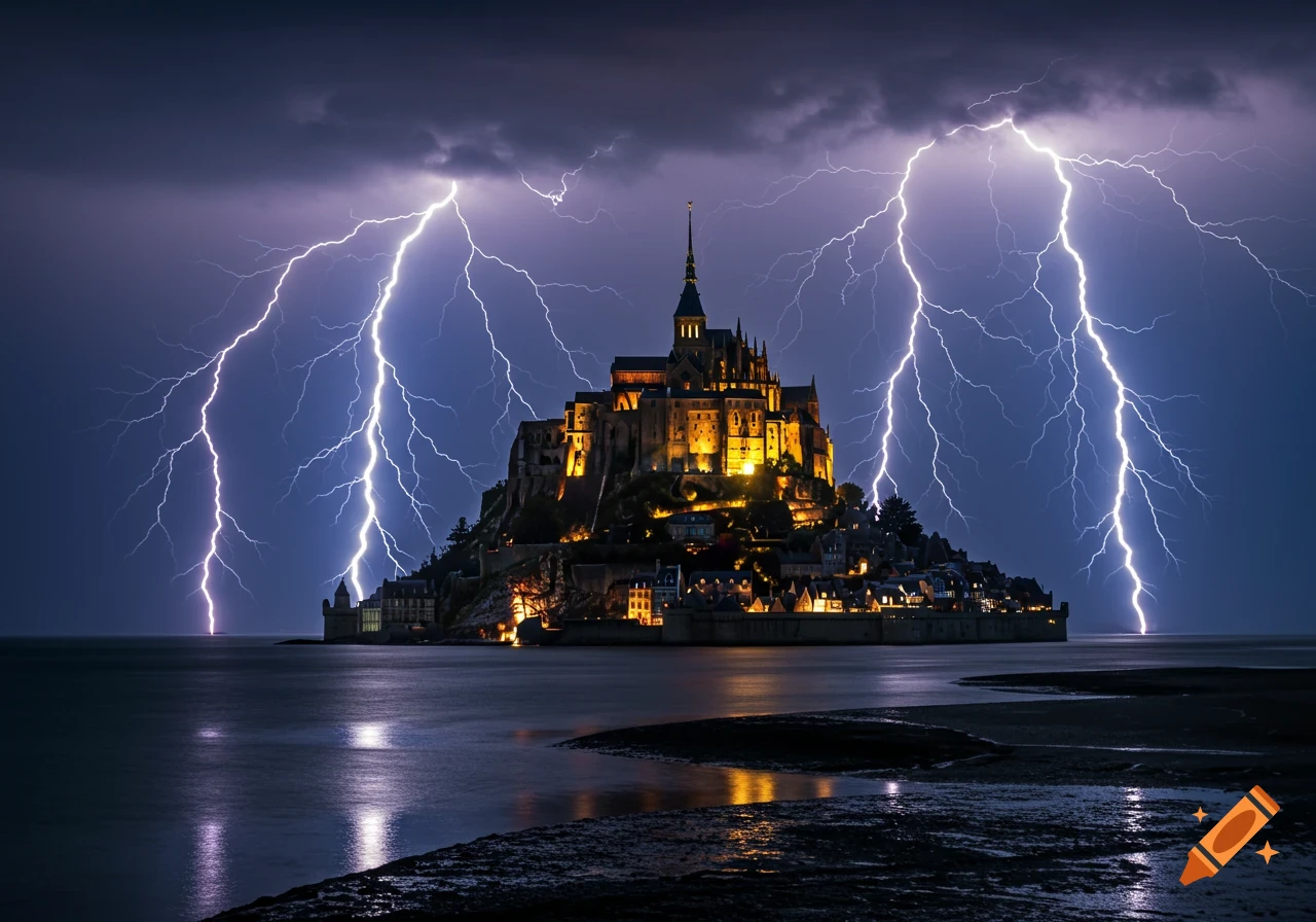 Multiple lightning bolts strike around Mont Saint-Michel in the ocean at night. on Craiyon