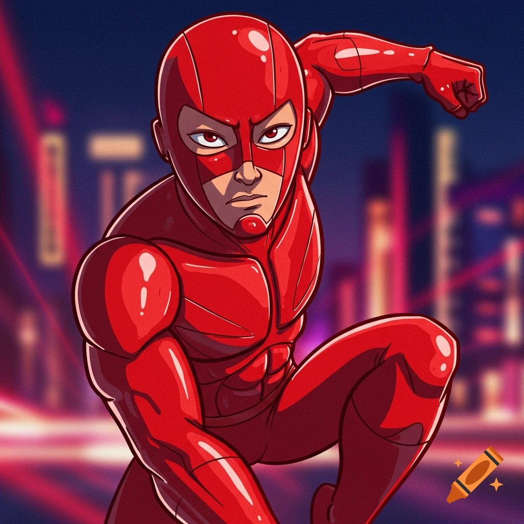 Red animated superhero crouching in front of a blurred city skyline at ...