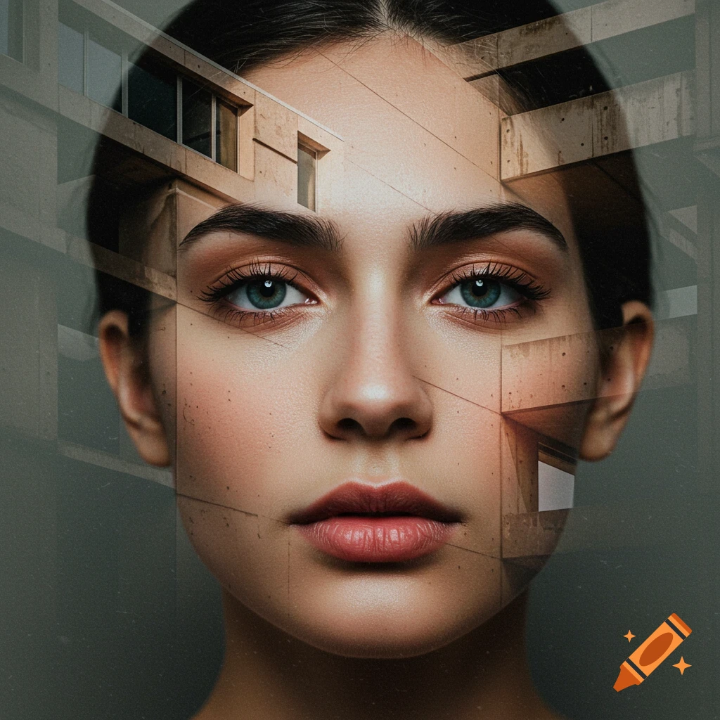 Close-up of a woman's face with brutalist architectural shapes overlaid ...