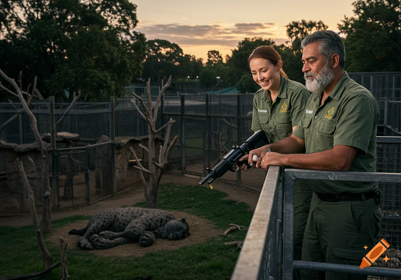 Two zoo keepers with a tranquilizer gun look at a sleeping leopard in a ...