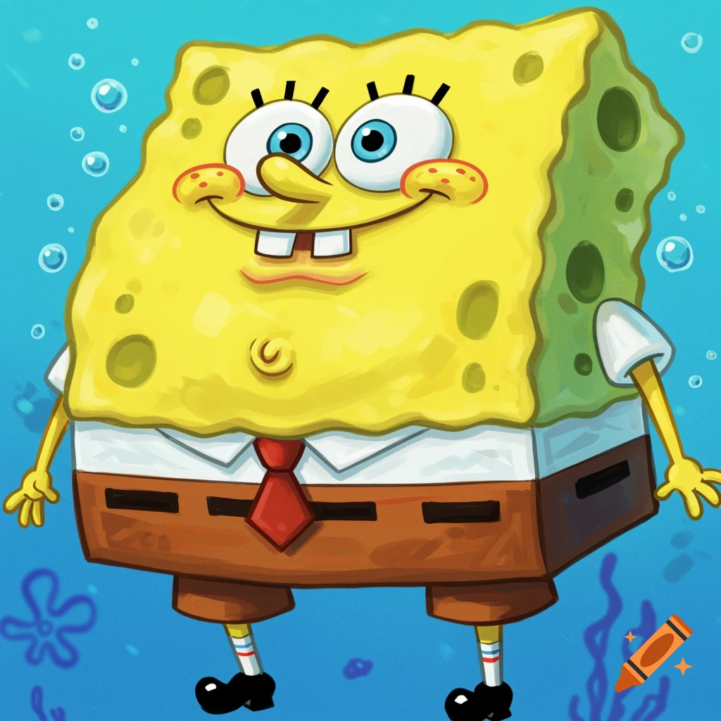 Cartoon illustration of Spongebob Squarepants smiling underwater on Craiyon