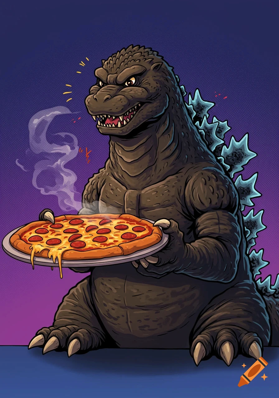 Cartoon illustration of Godzilla happily holding a steaming pepperoni ...
