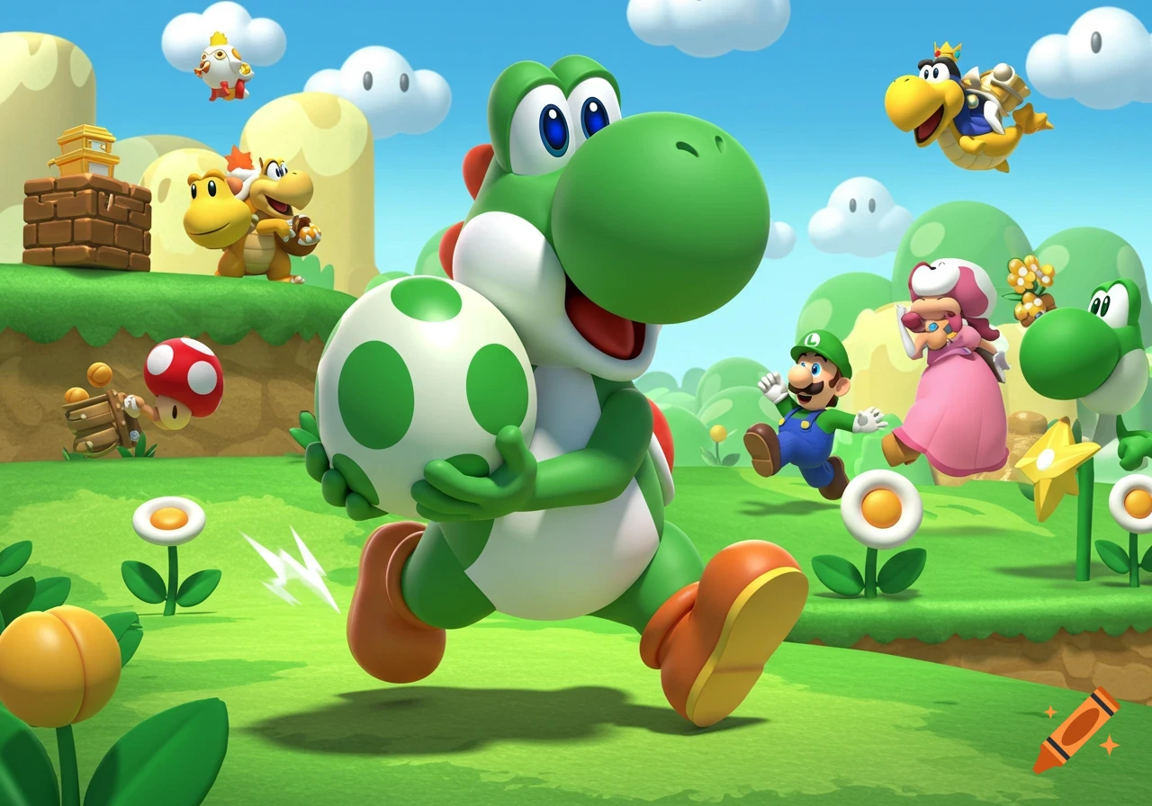 Yoshi runs with an egg, accompanied by Luigi, Toadette, and other Super ...