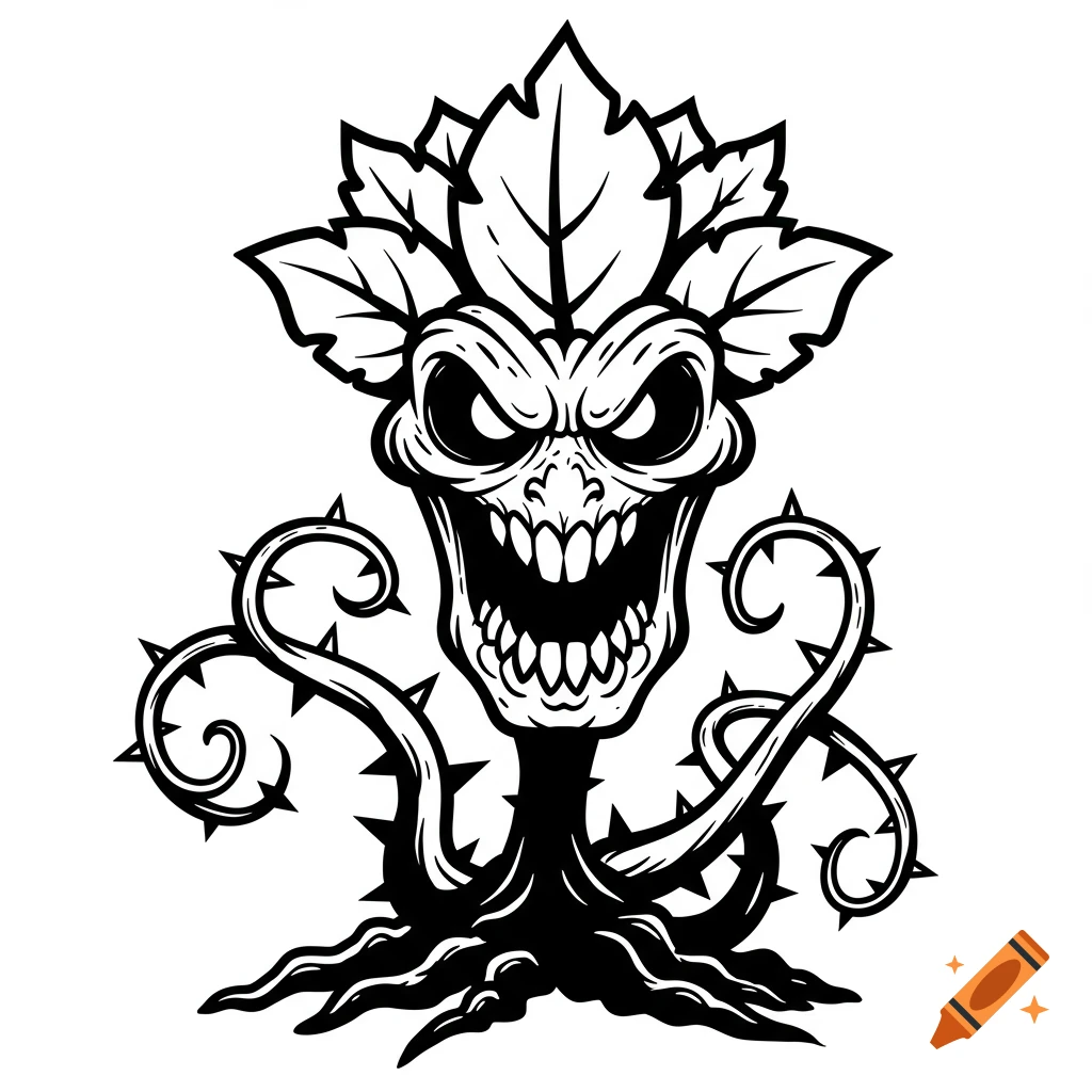 Black and white illustration of a monstrous plant creature with sharp ...