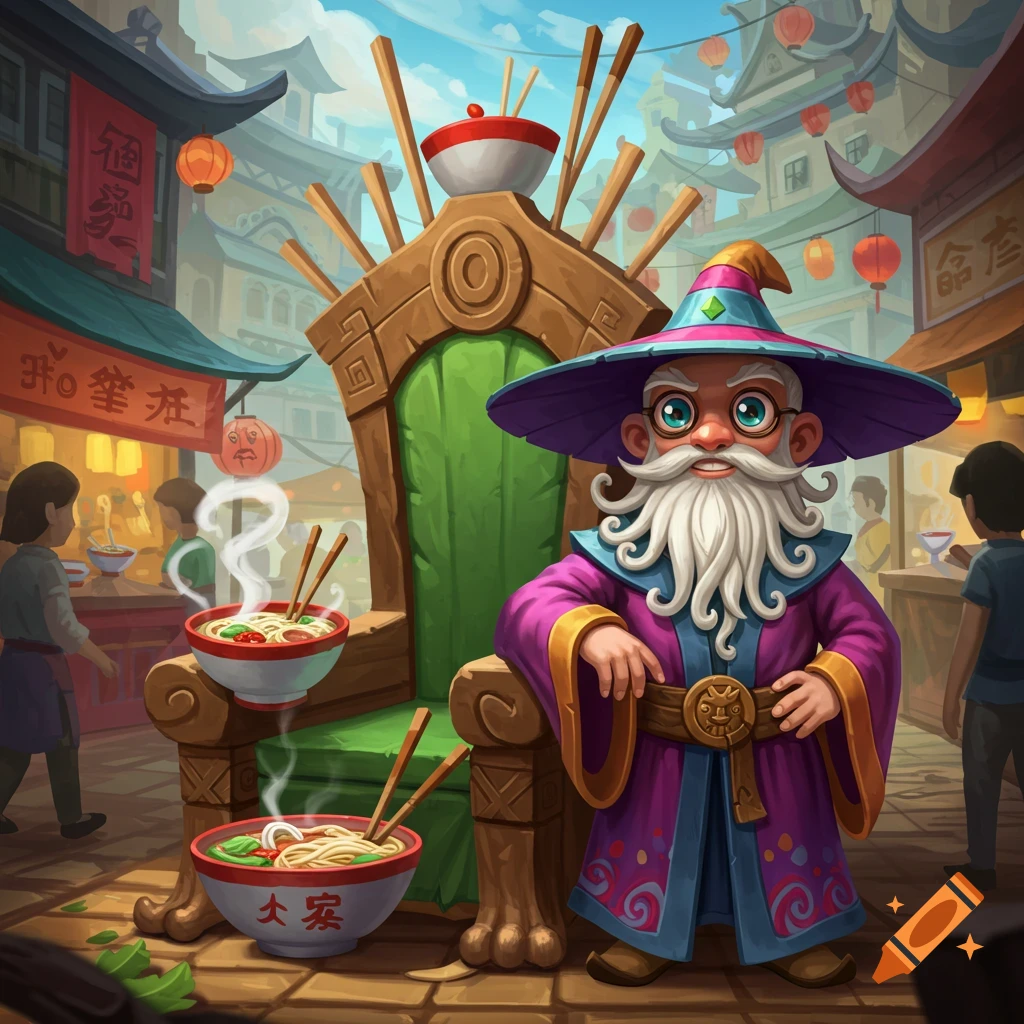 Cartoon fantasy wizard stands by a throne made of ramen bowls in an ...