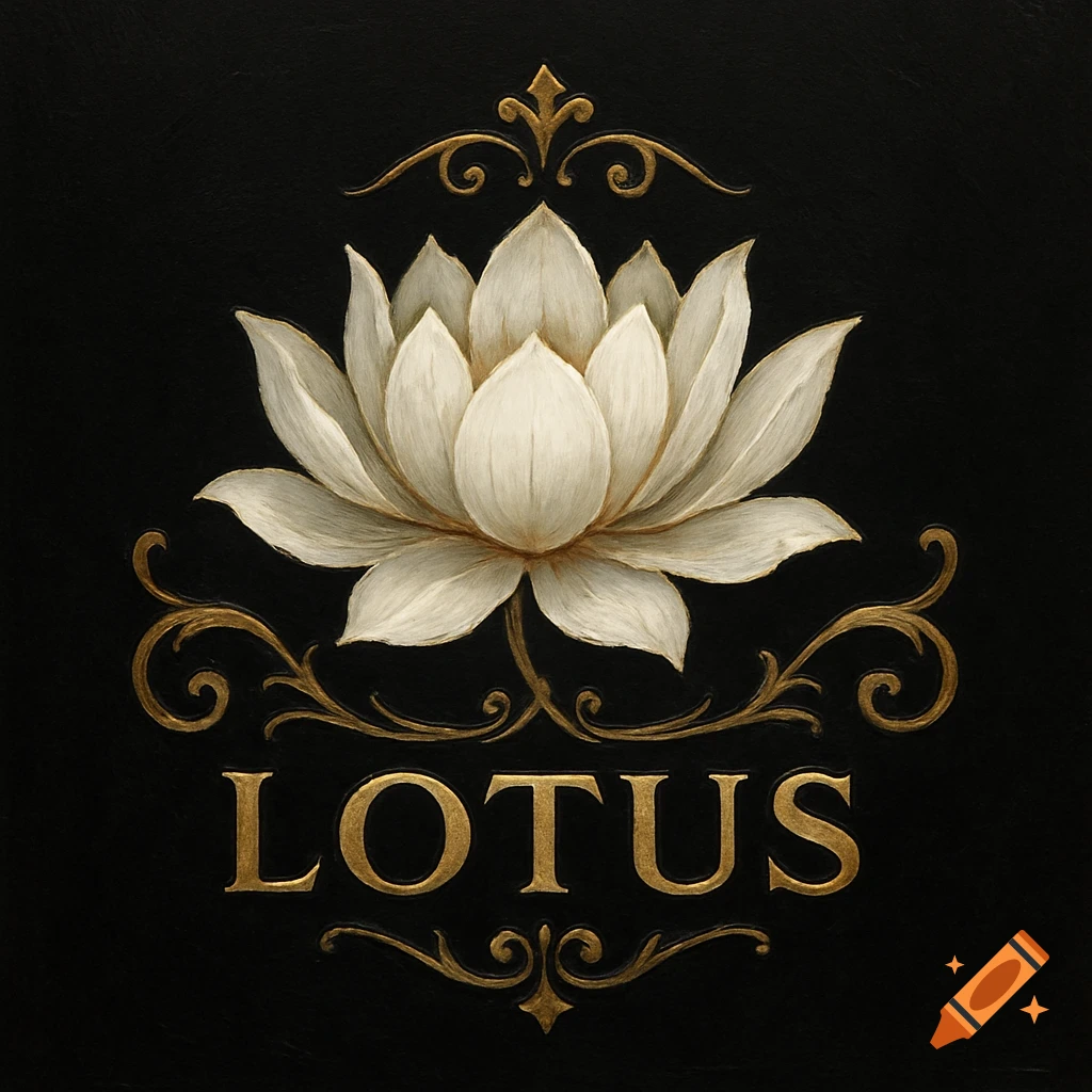 White lotus flower and gold 'LOTUS' text with decorative elements on a ...