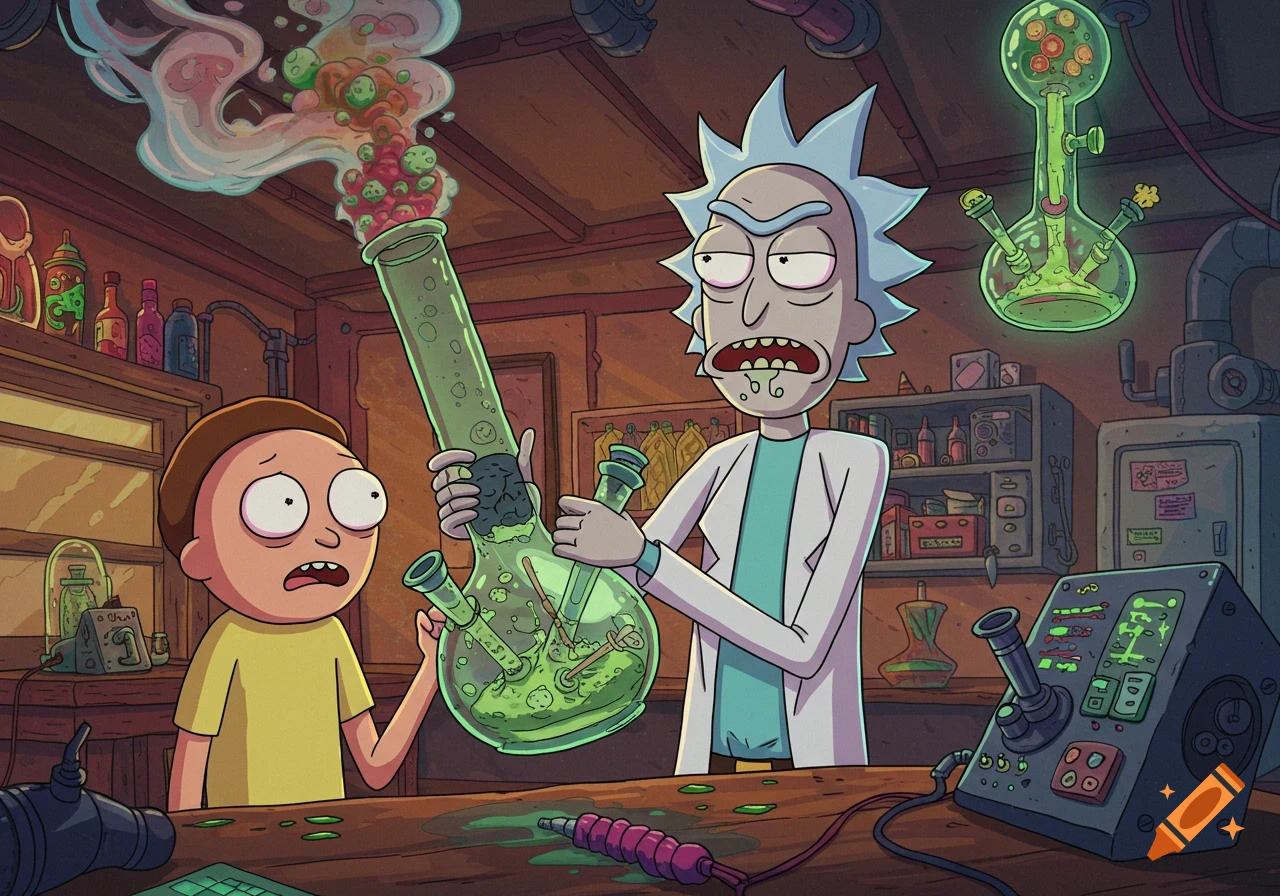 Rick holds a large bubbling bong as Morty looks on in a laboratory ...