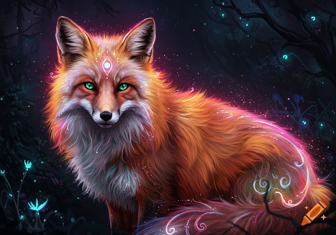 A magical red fox with glowing green eyes and ornate patterns in a dark ...