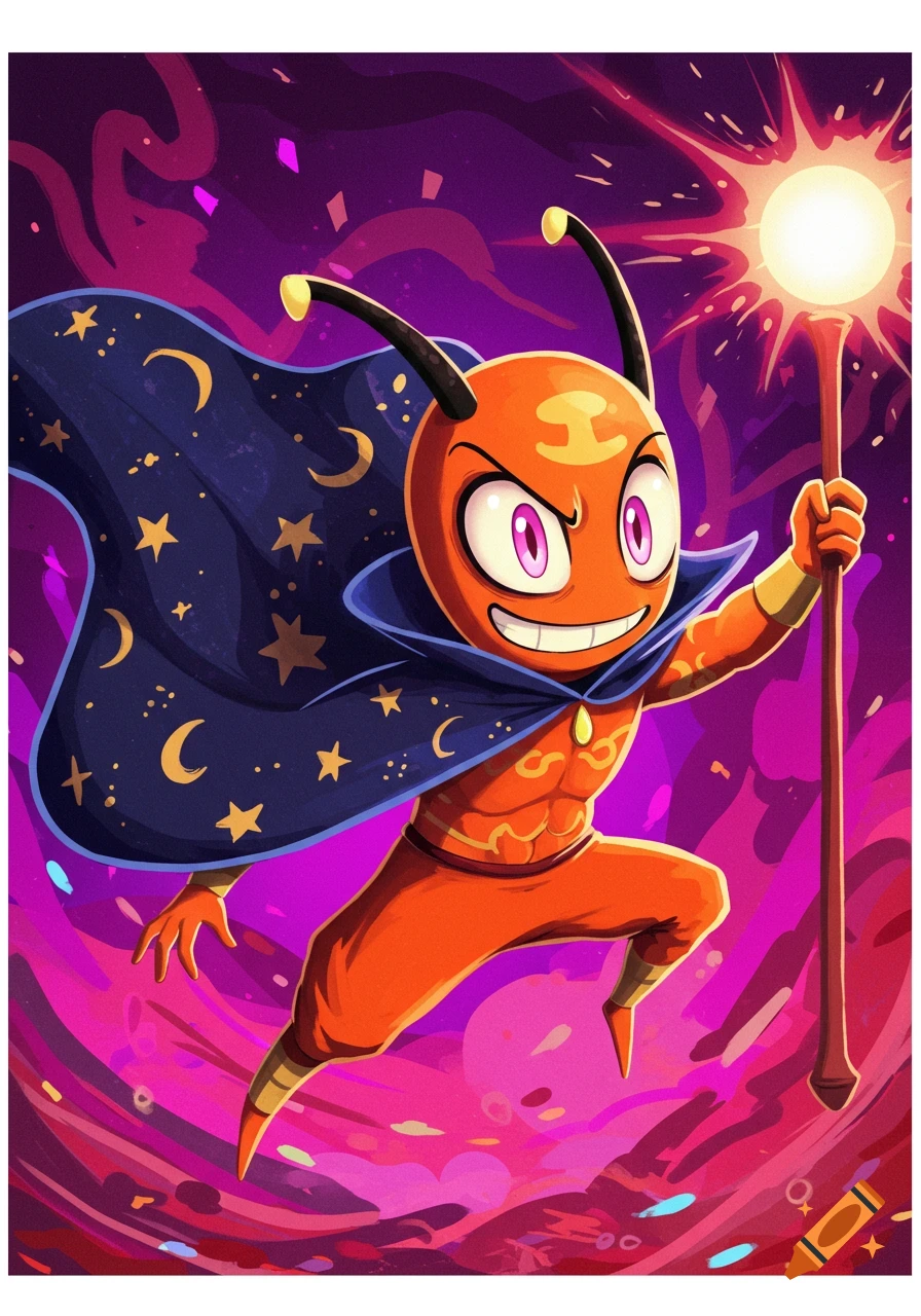 Cartoon insectoid character in starry cape holding glowing staff. on ...