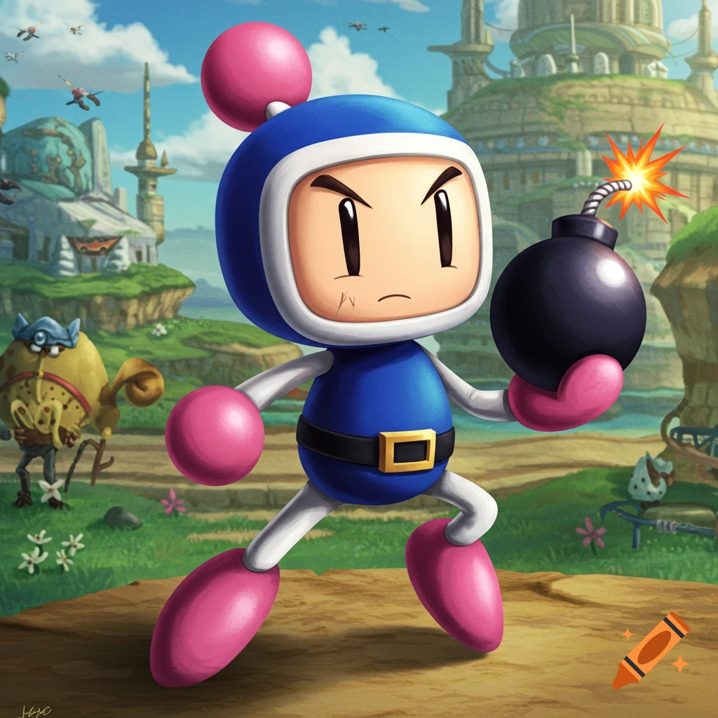 Bomberman holds a bomb in a fantasy landscape, digital art. on Craiyon