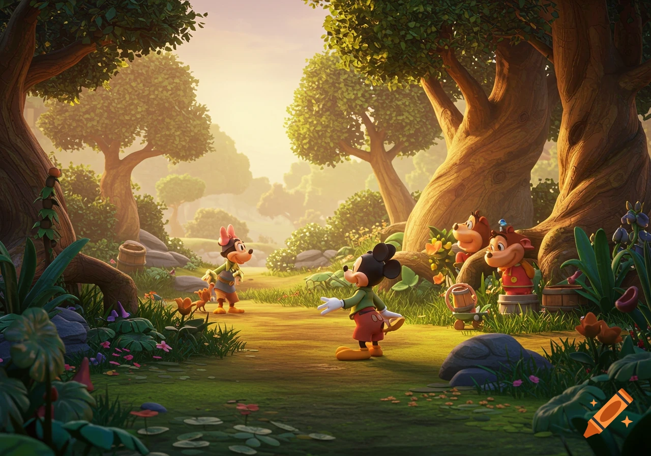Mickey Mouse and cartoon characters in a sunny forest clearing, 3D game ...
