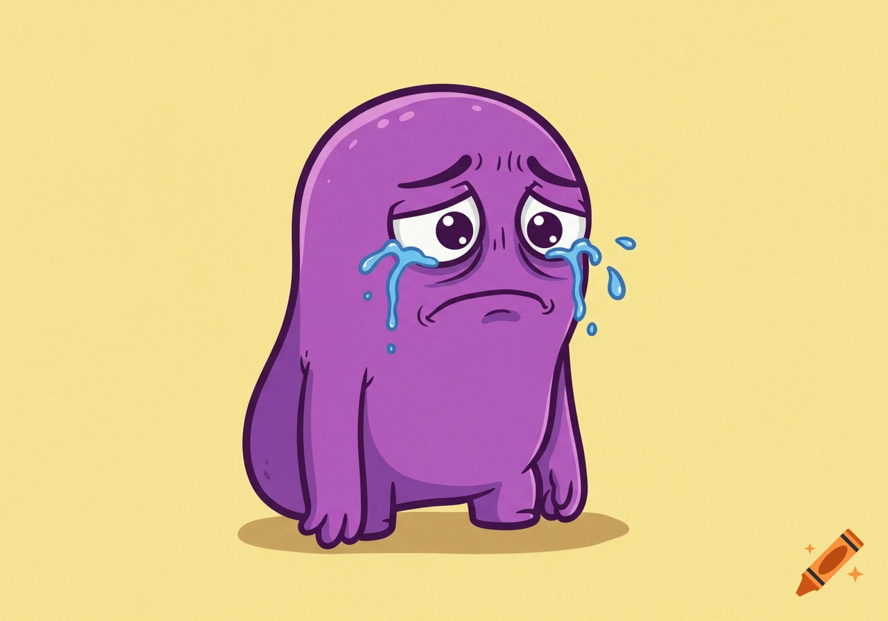 A purple cartoon character sits on a yellow background, crying ...