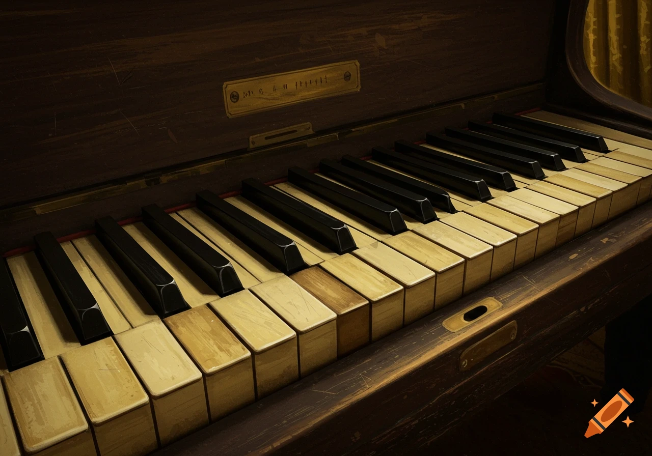 Close up of an aged piano keyboard with worn keys. on Craiyon